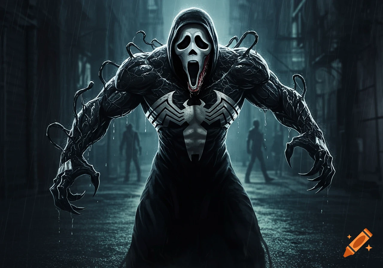 A blocky character in a suit and a scary pig mask stands in a dark ...