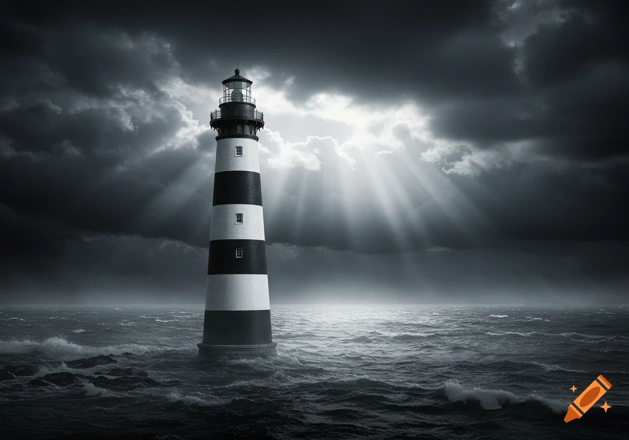 A black and white lighthouse stands tall in a rough, dark ocean under a ...