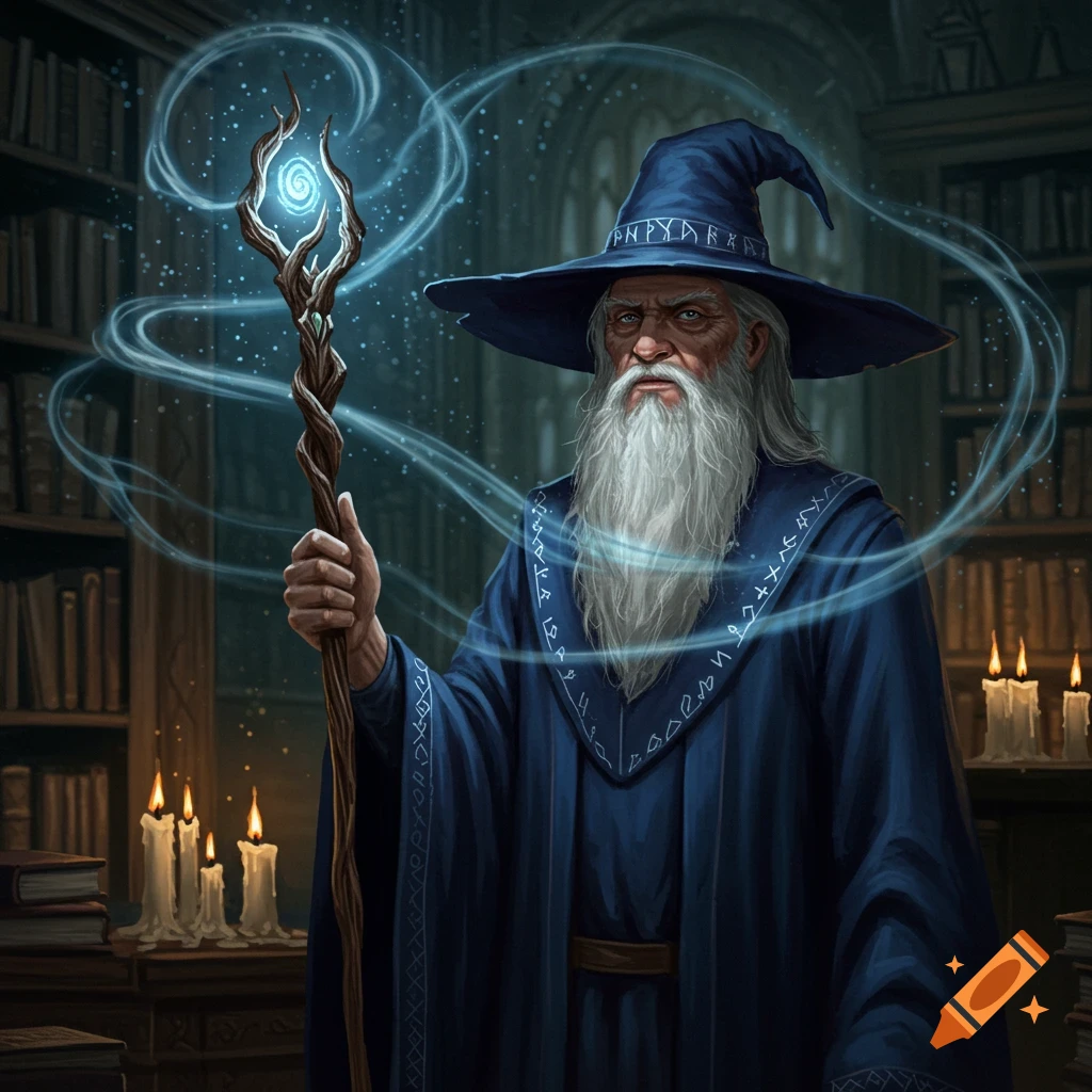 A cartoon Gandalf-like wizard in an 80s track suit and blue jeans sits ...