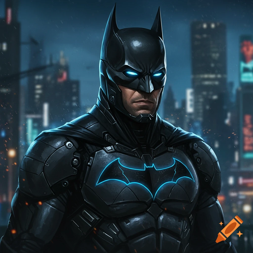 A detailed illustration of Batman in a black armored suit with glowing ...
