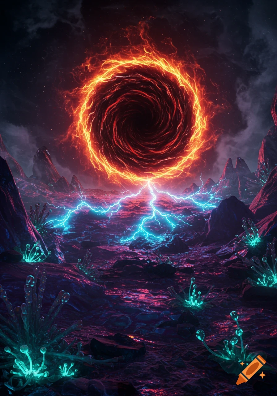 A vibrant, glowing spinning top streaks across a star-filled night sky ...