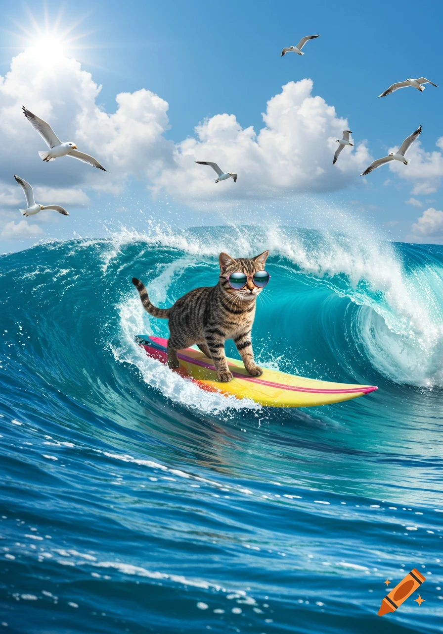 A gray tabby cat stands in water before a massive, breaking blue-green ...