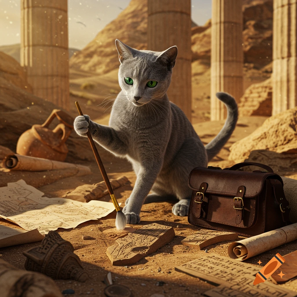 A brown cat with blue eyes, wearing a red costume, flies on a magic ...