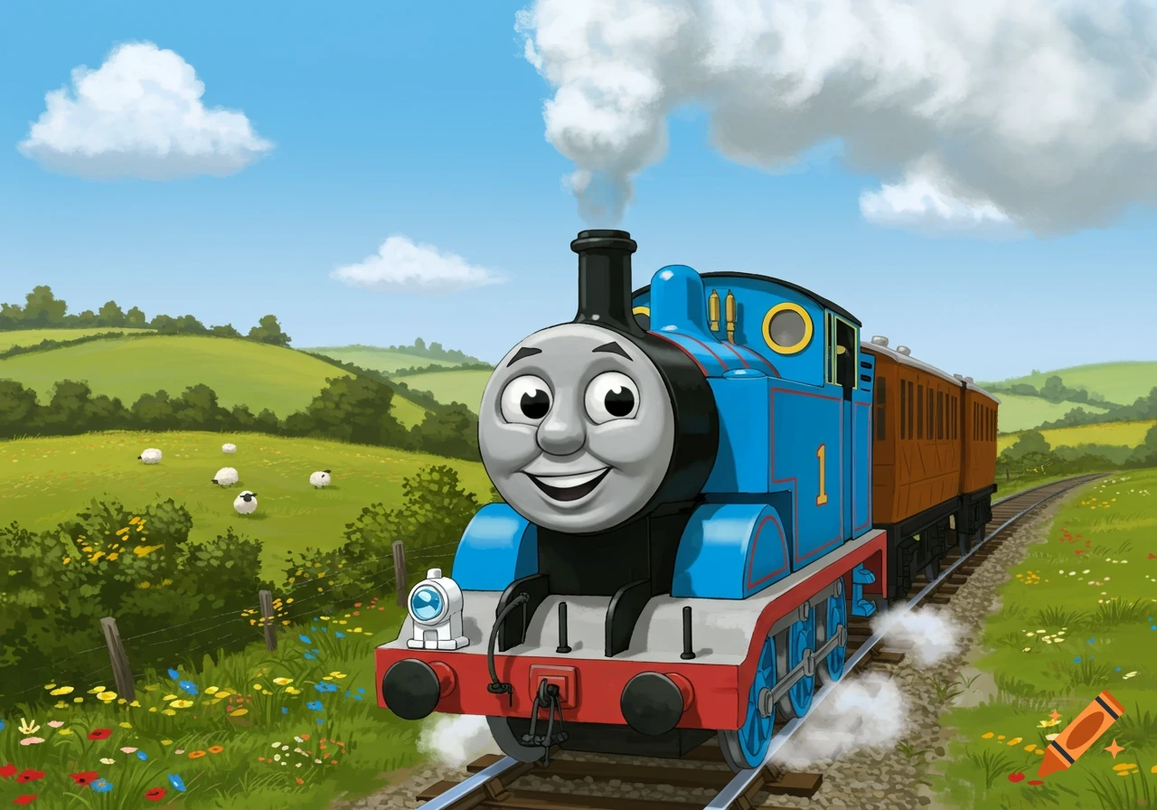 Smiling cartoon Thomas the Tank Engine train travels through a green ...