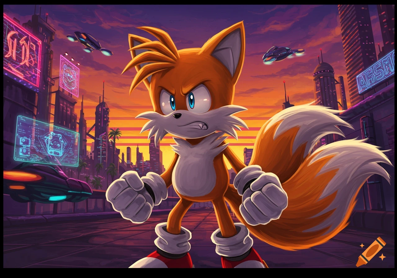 Tails the fox, angry expression, fists clenched, standing in a ...
