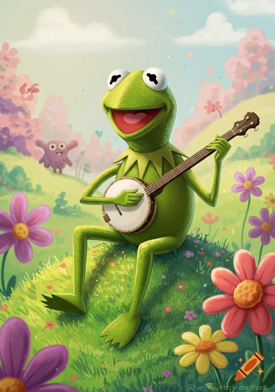 Kermit the Frog happily playing a banjo in a vibrant, cartoon-like ...