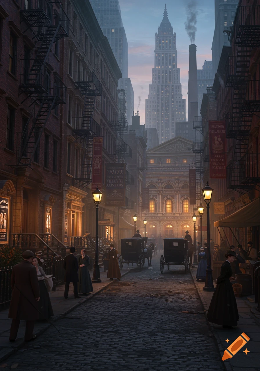 A moody, wet Victorian London street scene with people in period attire ...