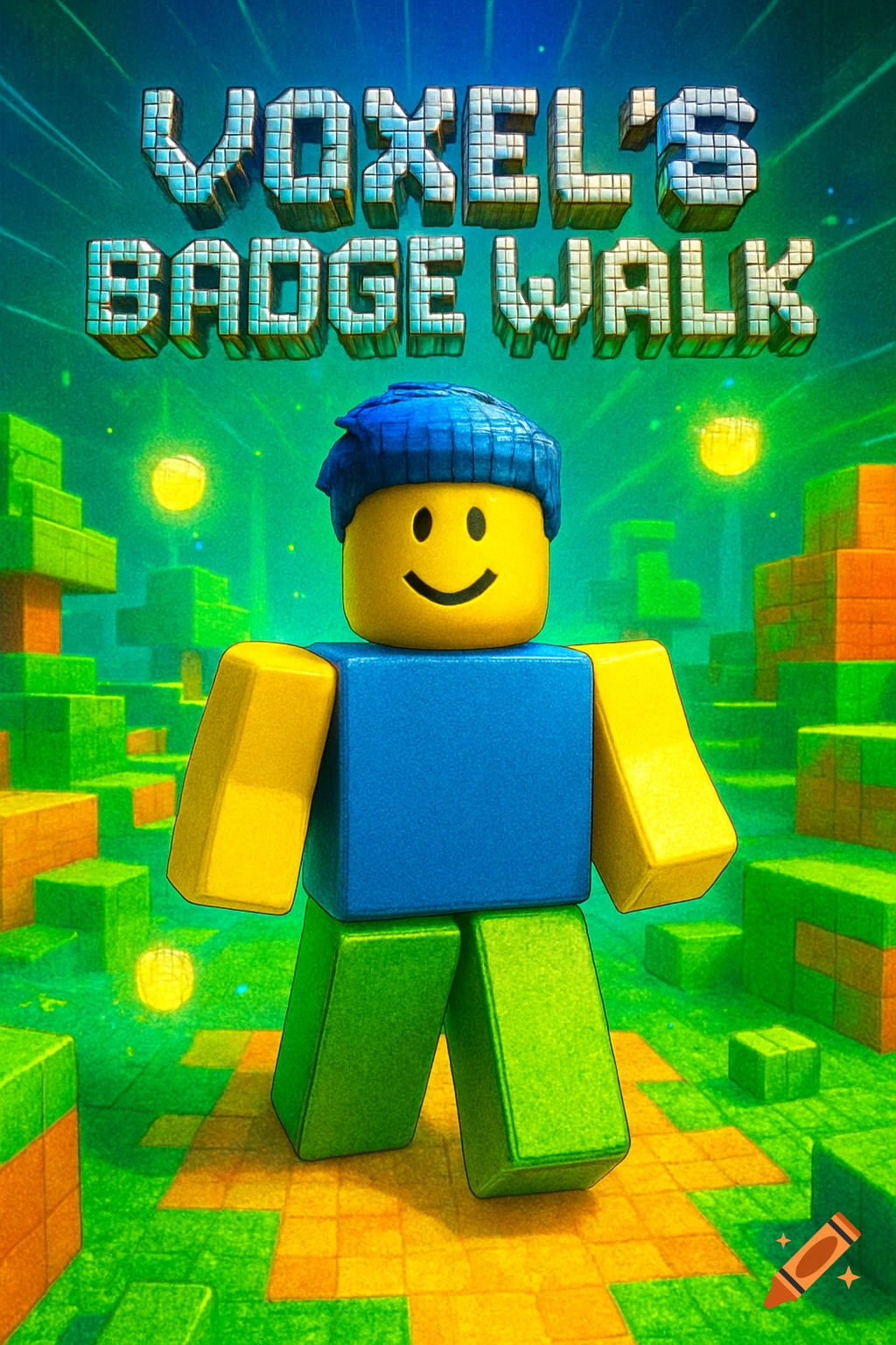 A Roblox-style character with a yellow head, blue body, yellow arms ...