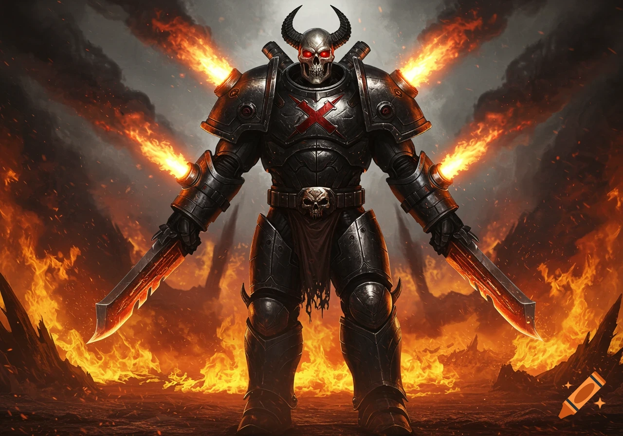 A dark, spiky, armored fantasy war machine with a skull face, glowing ...