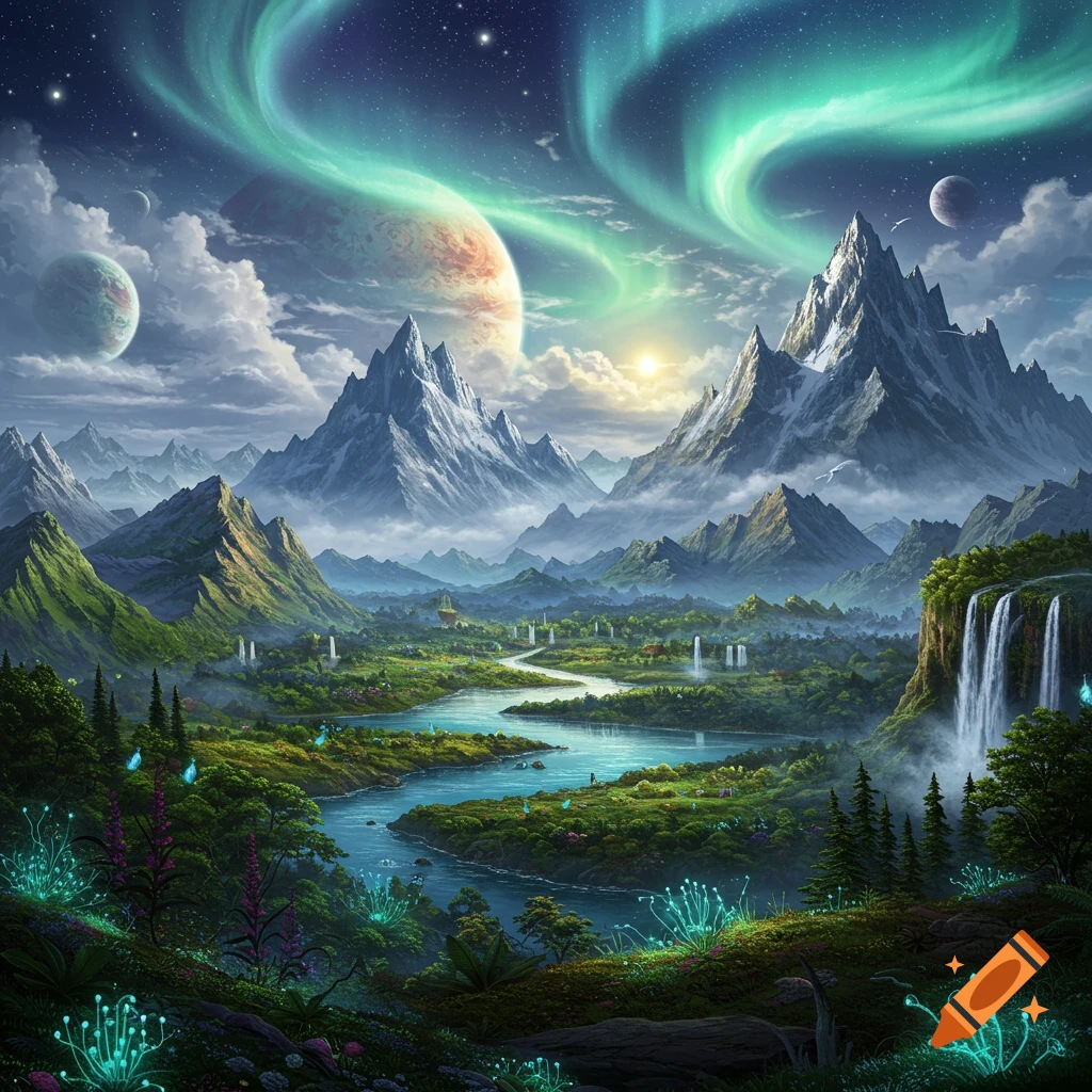 Lush prehistoric landscape with a tall waterfall, ivy-covered rock ...