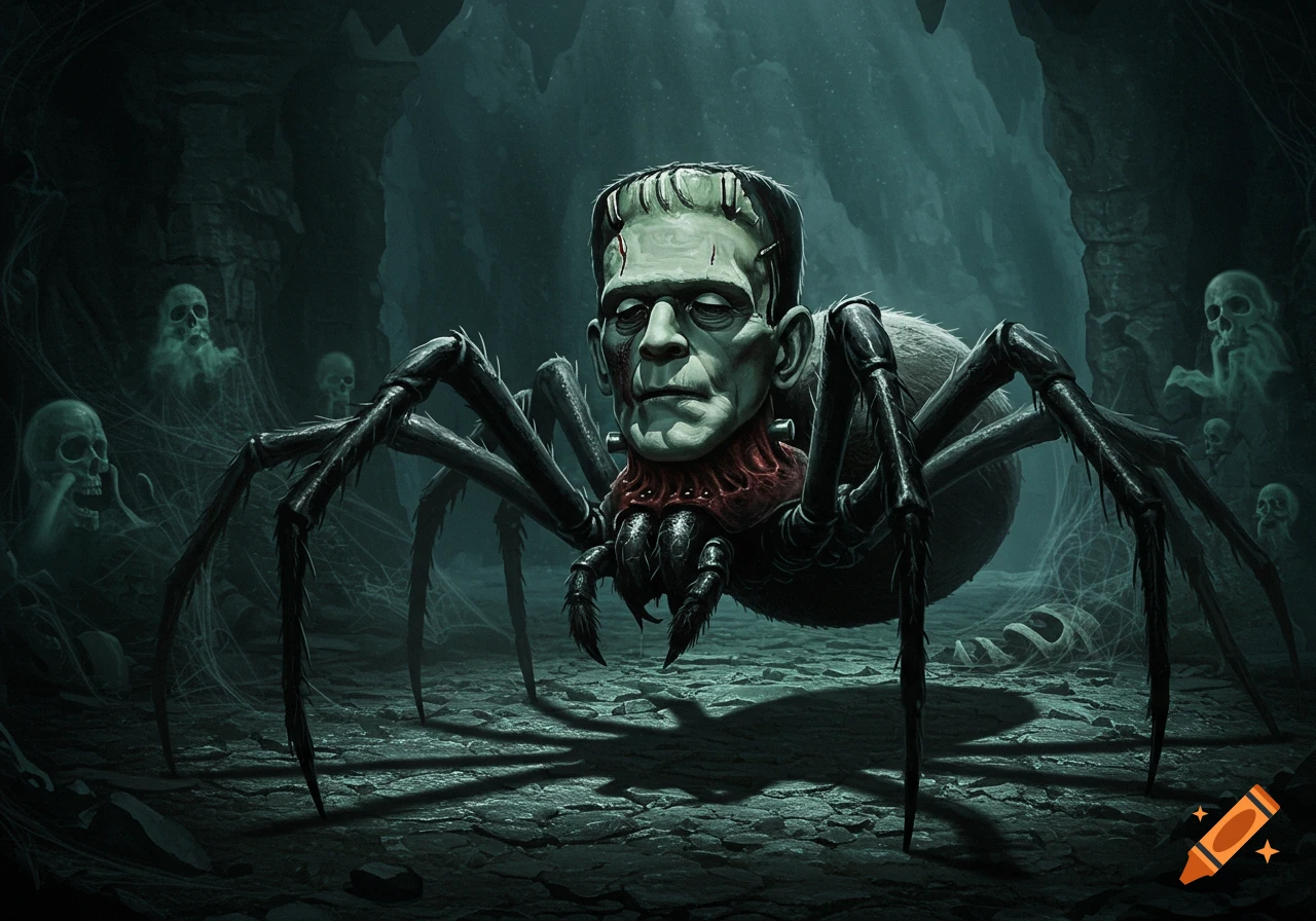 Frankenstein's monster head on a giant spider body in a dark, web ...