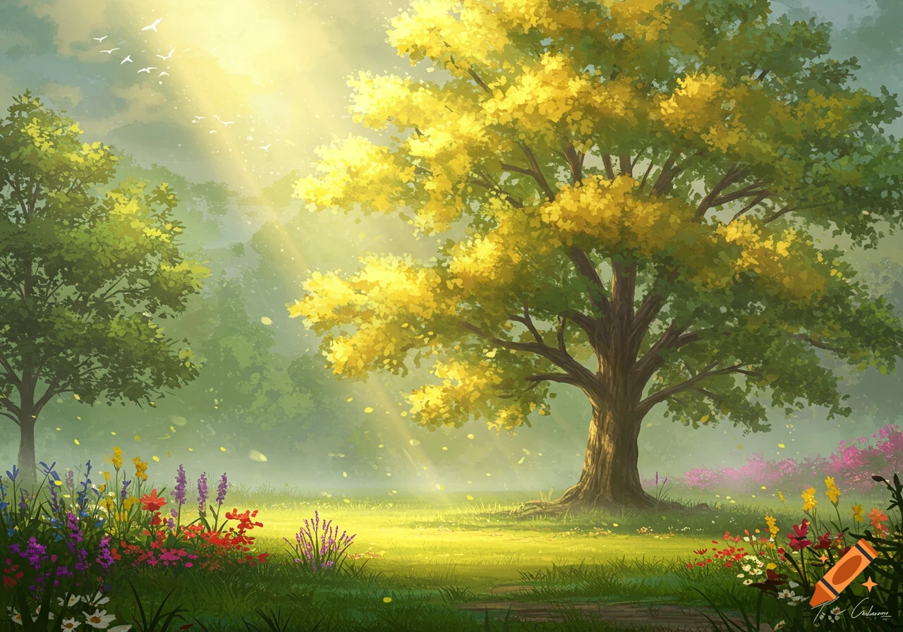 A vibrant illustration of a sun-drenched forest clearing with a large ...