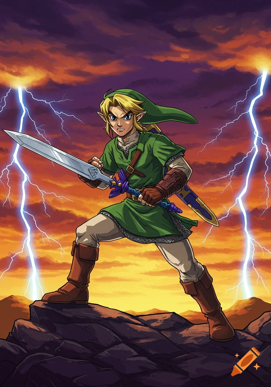 Link from The Legend of Zelda, buff and muscular, holds the Master ...