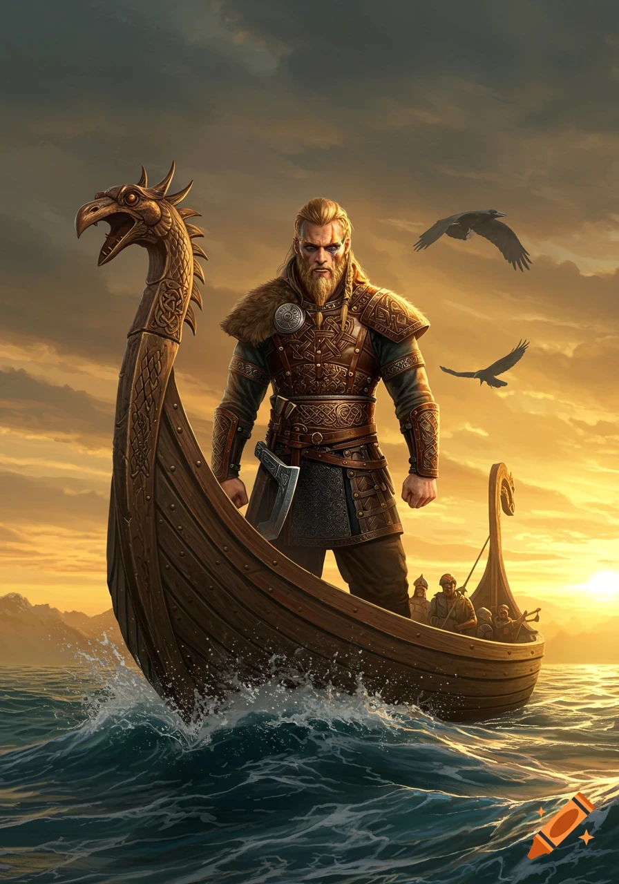 A blonde, bearded Viking warrior stands at the bow of a dragon-headed ...