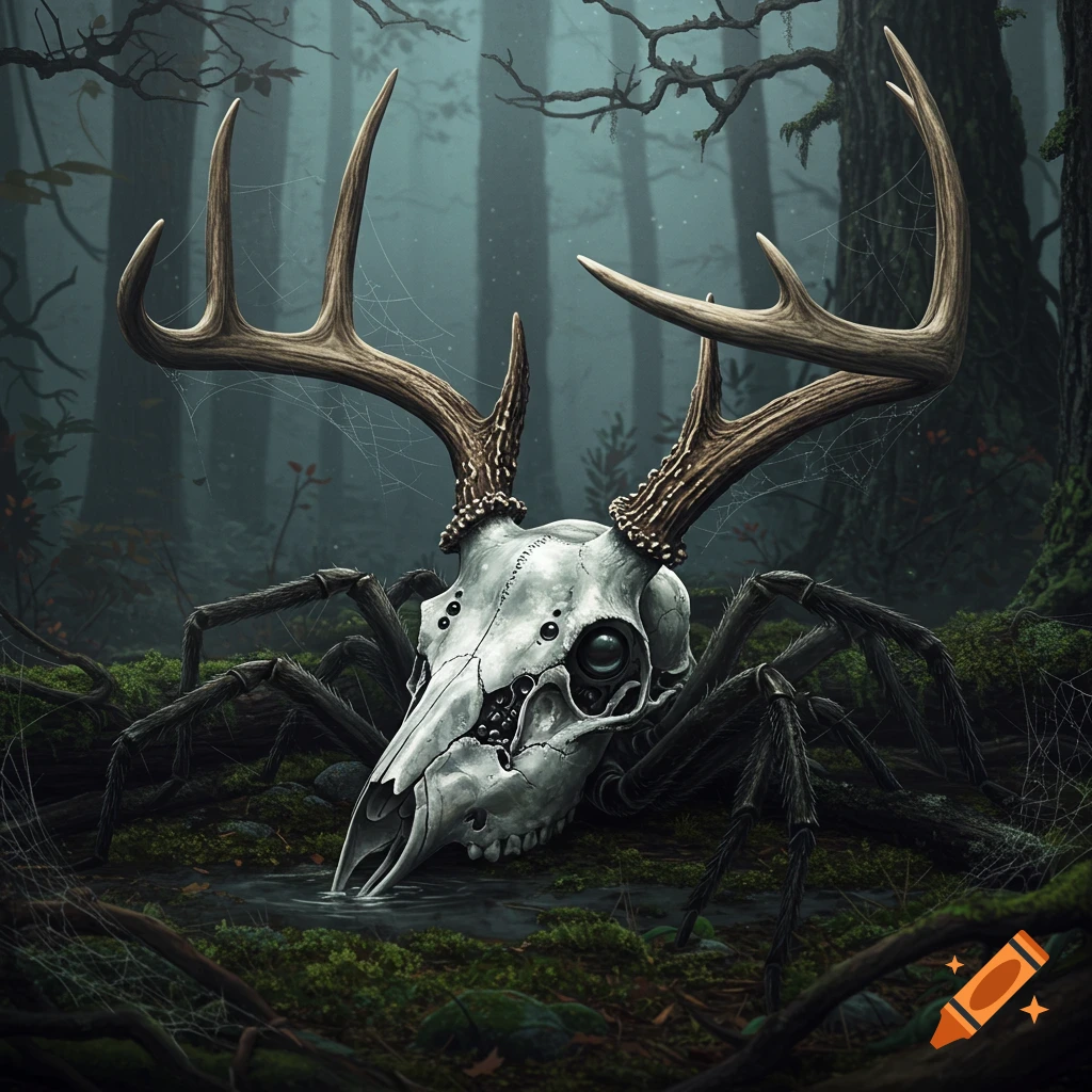 A deer skull with large antlers and spider legs rests on mossy forest ...