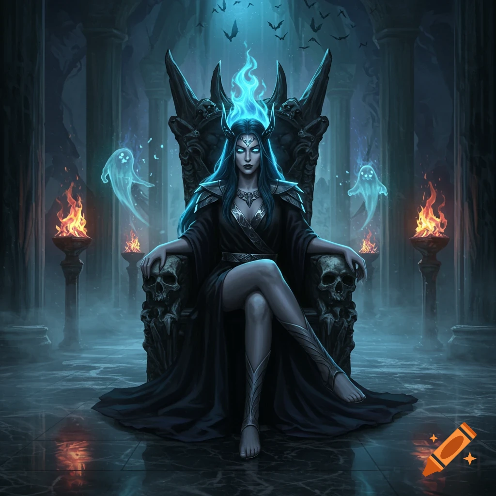 Dark fantasy art of a woman with blue glowing hair and eyes, on a skull ...