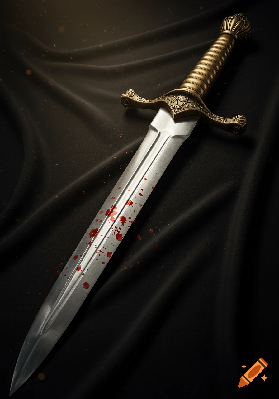 A medieval sword with a black grip, gold crossguard and pommel ...