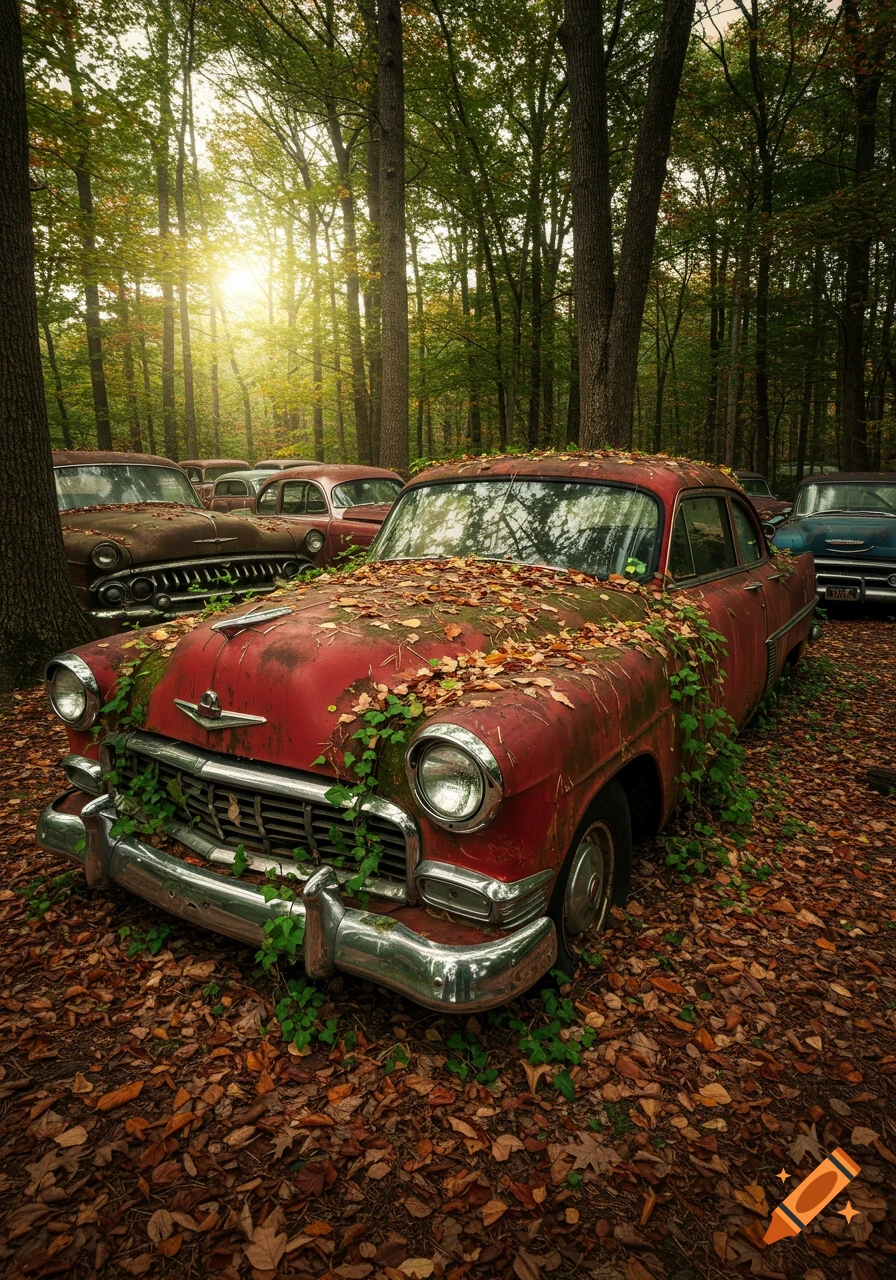 Rusty, abandoned vintage cars covered in leaves and vines in a sunlit forest. on Craiyon