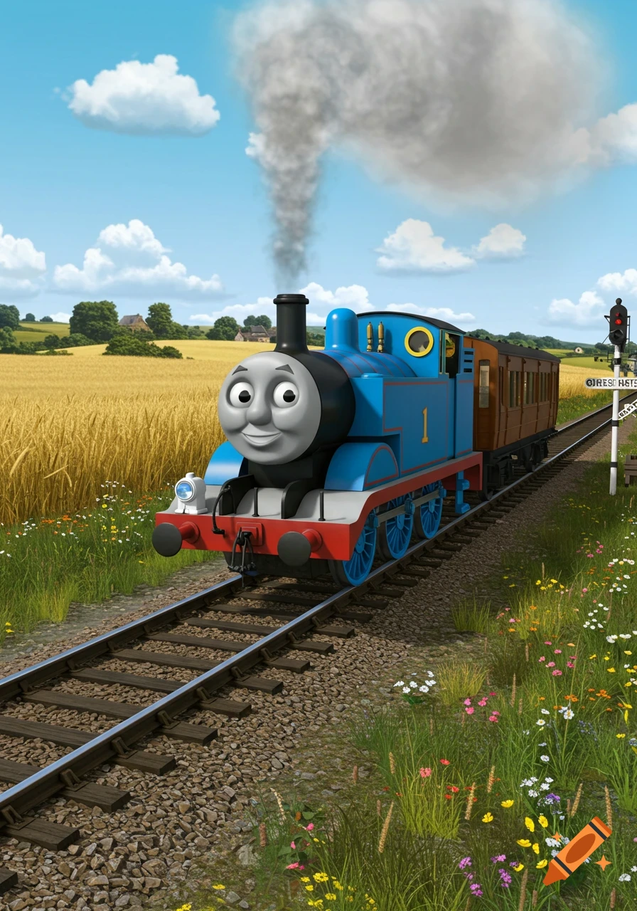 Angry Thomas the Tank Engine with glowing red eyes steams toward two ...