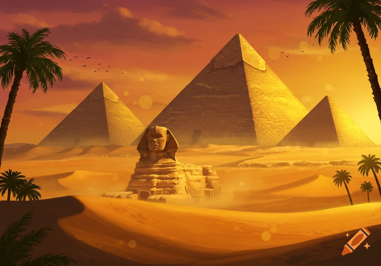 Black outline illustration of the Great Sphinx and three pyramids in ...