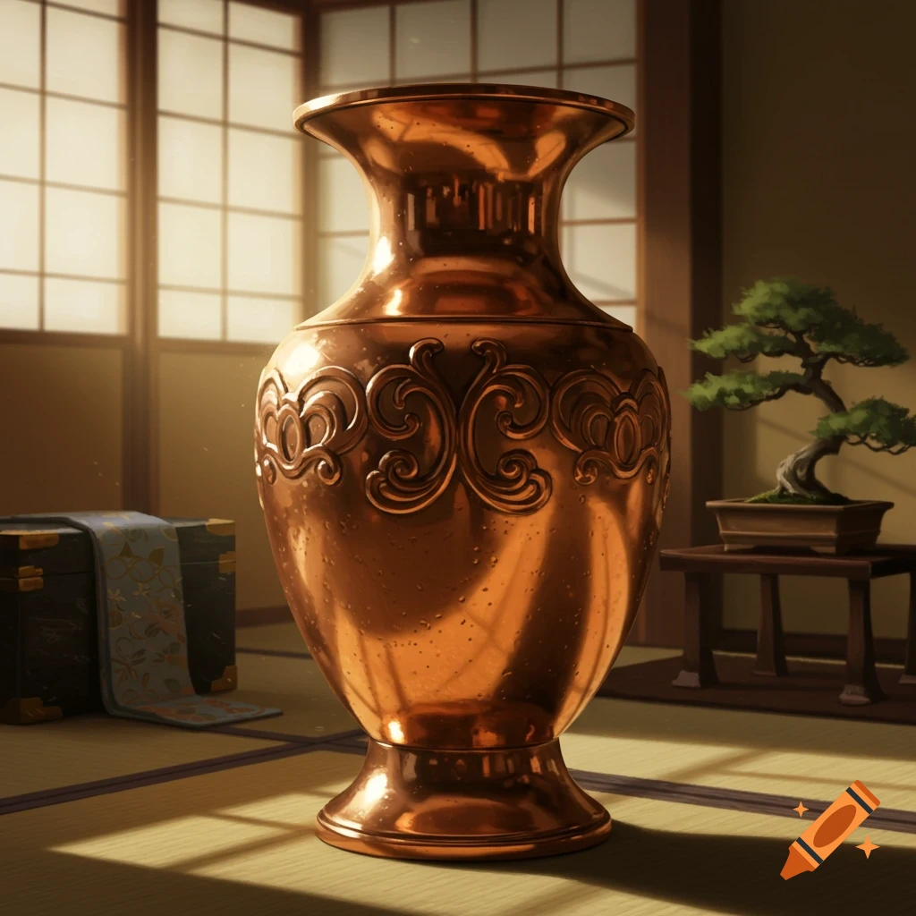 A shiny copper vase with ornate patterns on a tatami mat floor in a ...