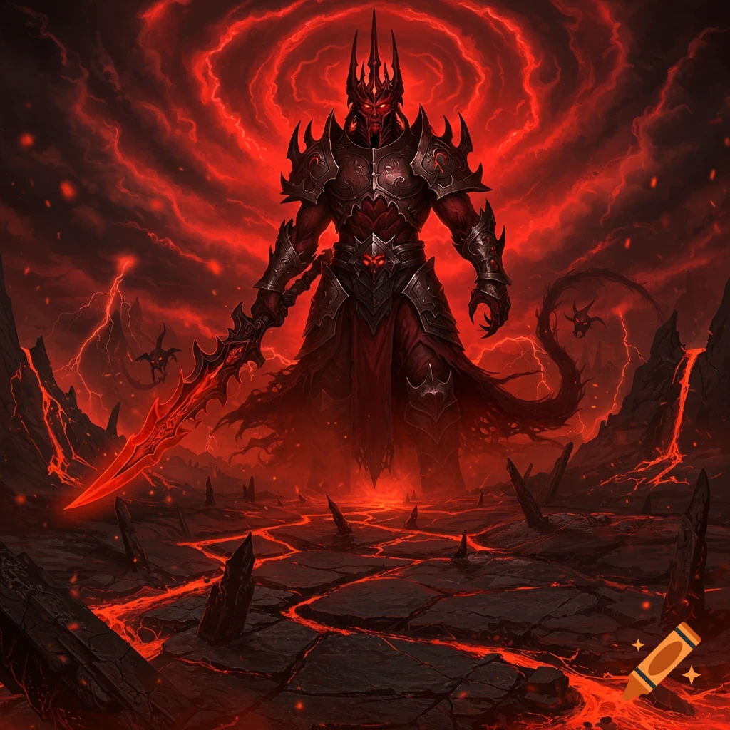 A dark, imposing demonic king in ornate armor holds a glowing red sword ...