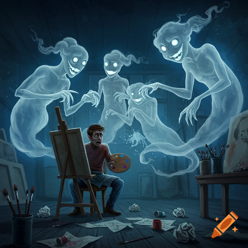 A wooden puppet sits on a dark stage, looking up at a large ...