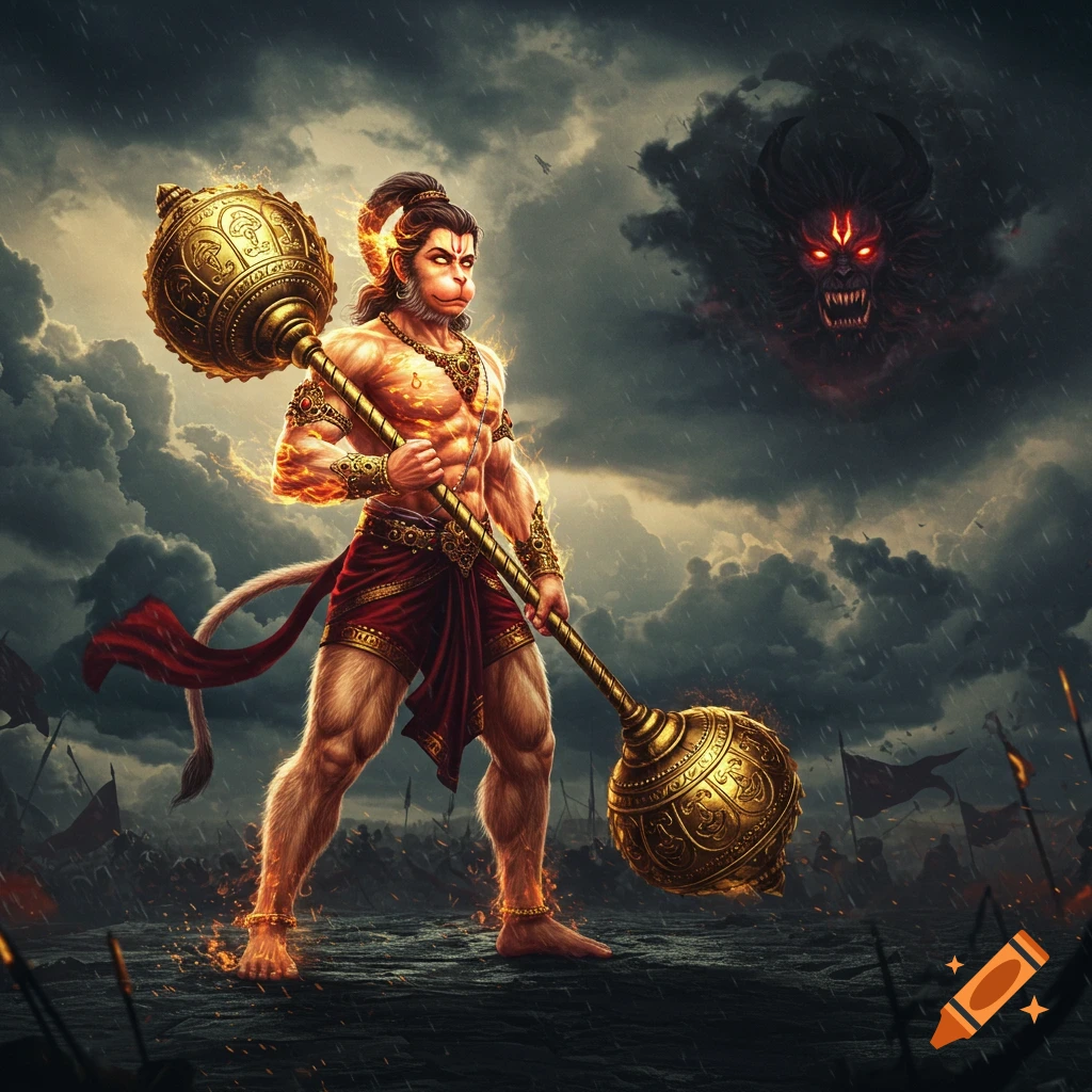 Muscular Hanuman, with a fiery aura, holds a massive golden mace on a ...