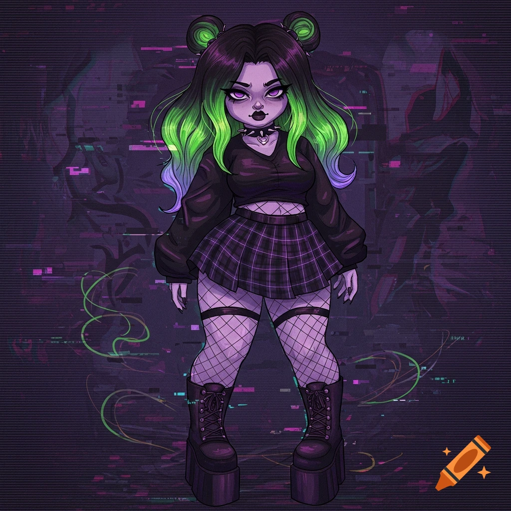 Stylized illustration of a goth girl with green and purple hair in ...