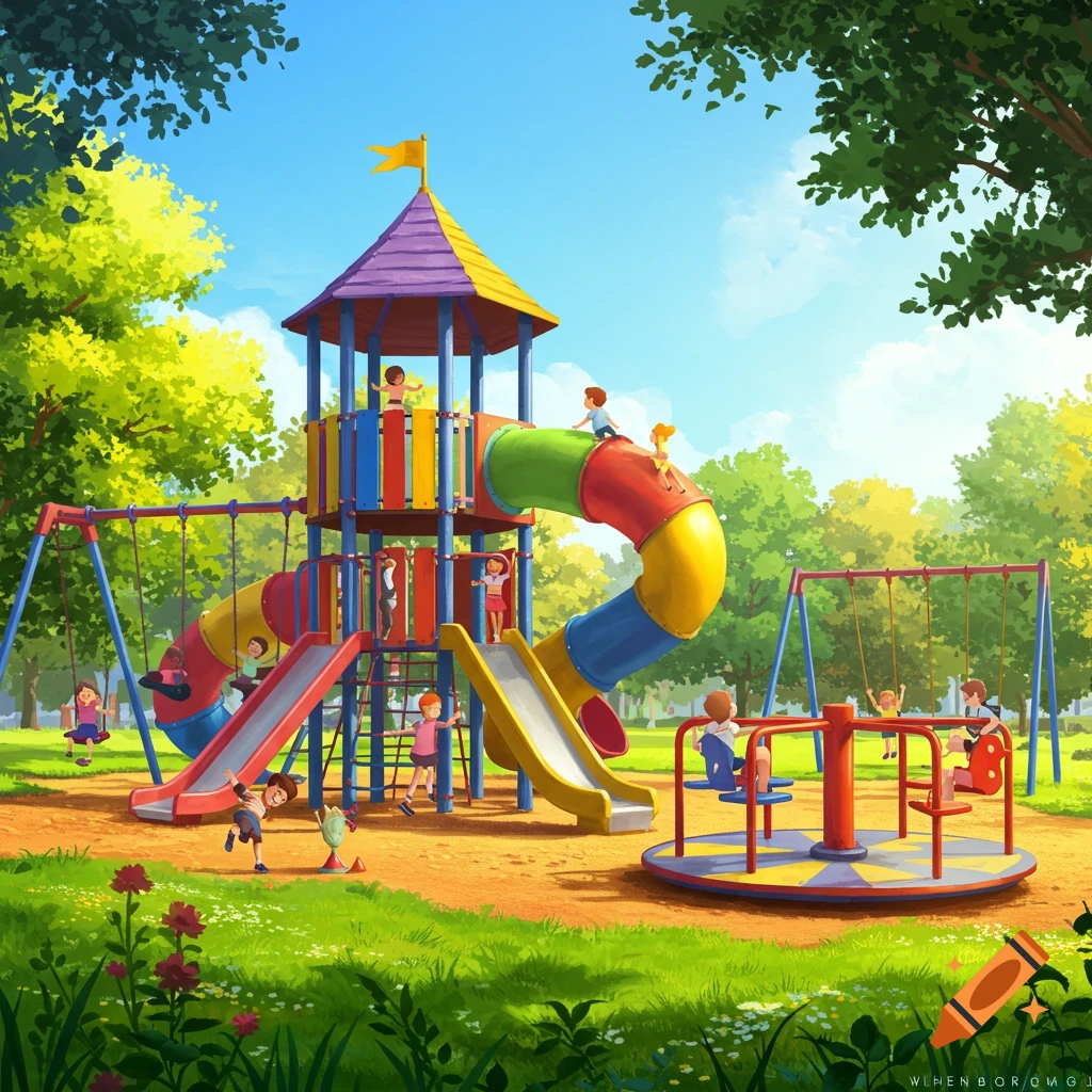 Vibrant cartoon illustration of many children playing on a sunny school ...