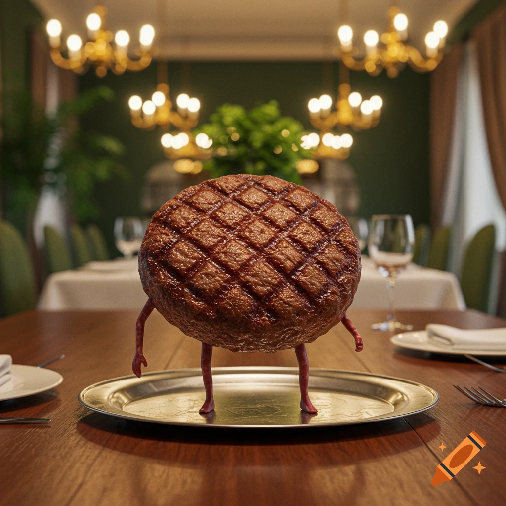 A photorealistic grilled beef patty with small legs stands on a silver ...