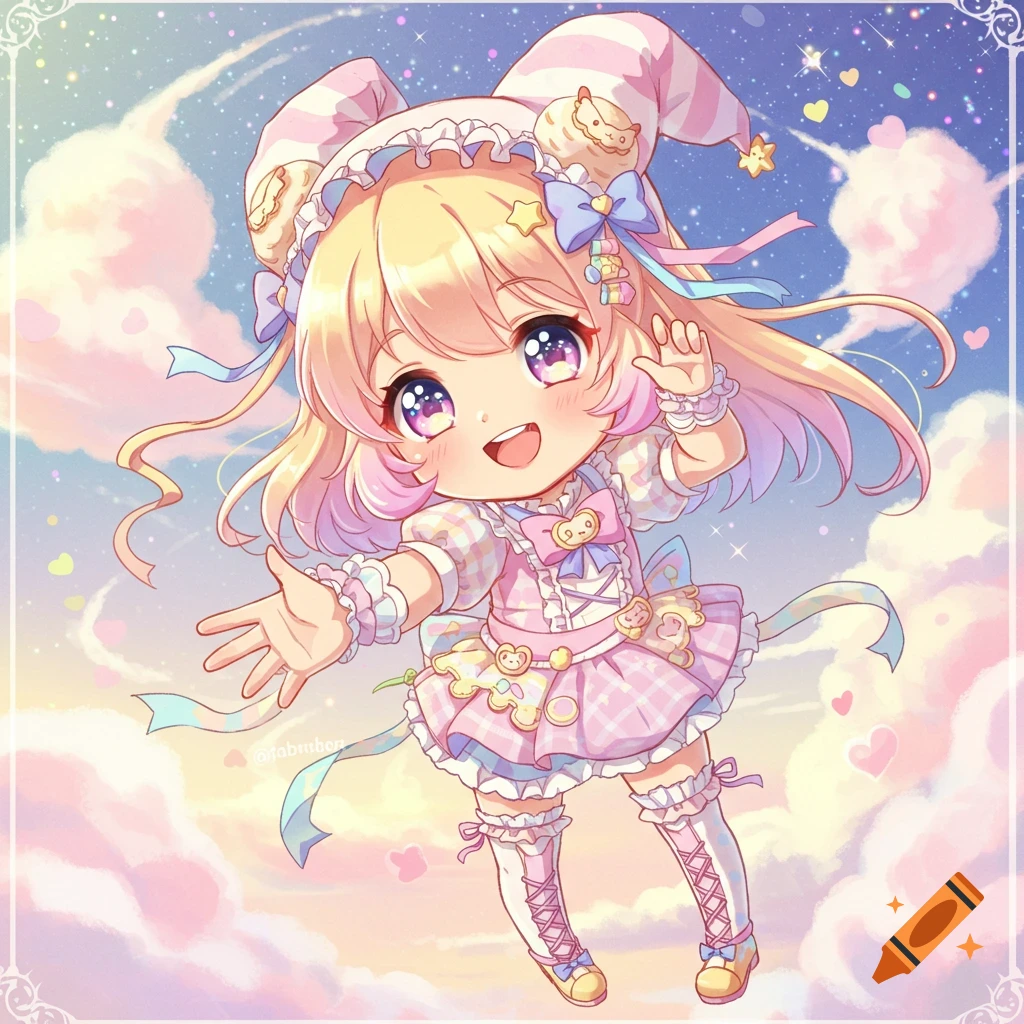 A cute blonde anime chibi character in a pink plaid dress and striped ...