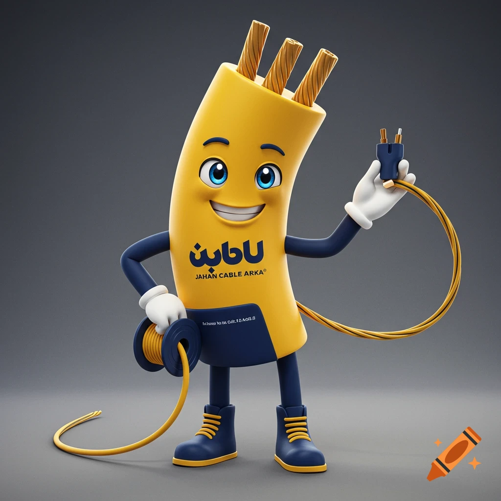 A friendly anthropomorphic electrical cable mascot in gold and navy ...