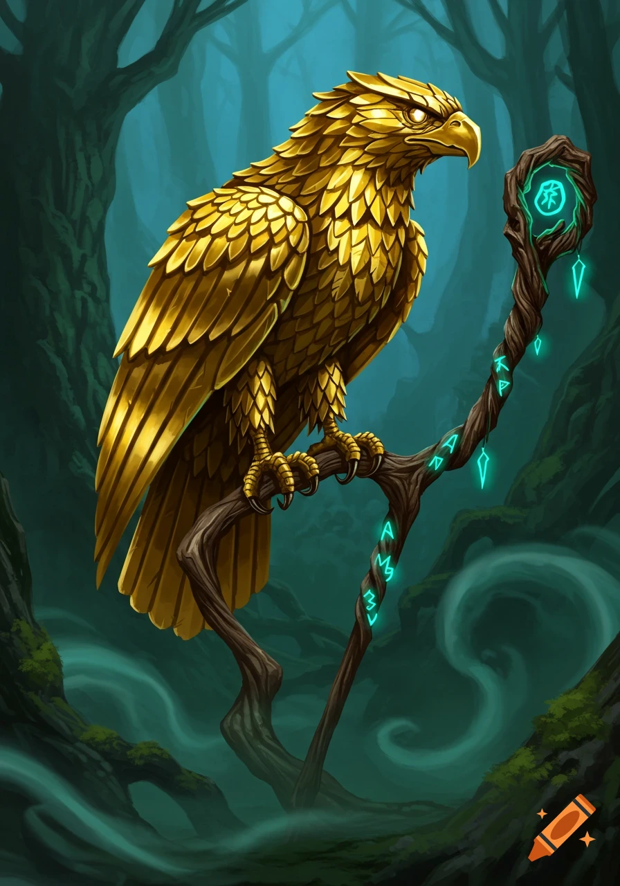 A majestic golden eagle perches on a gnarled, glowing wizard's staff ...