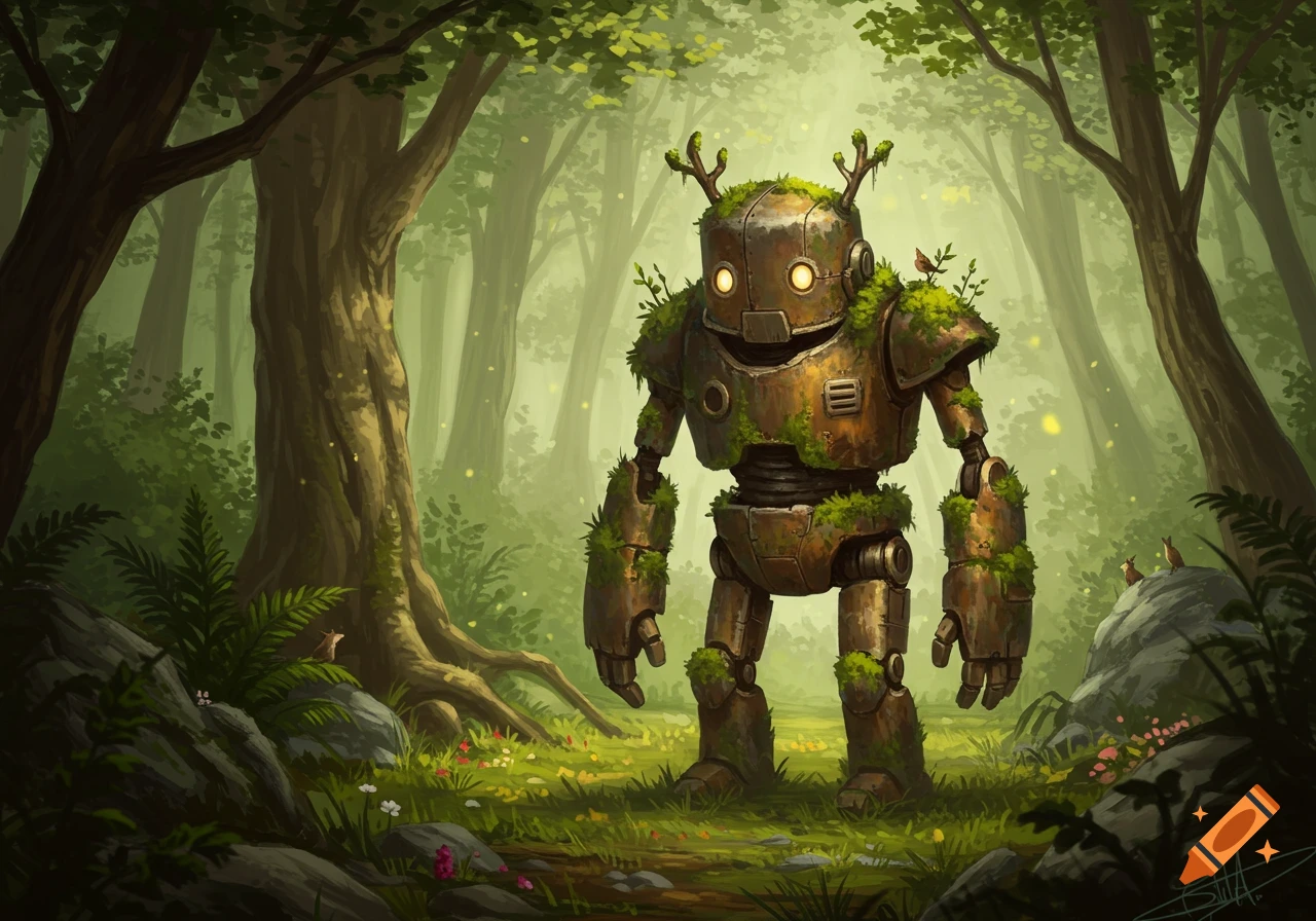 A large, ancient, moss-covered robot with glowing yellow eyes stands in ...