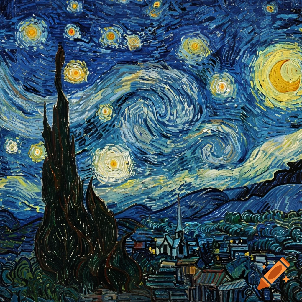 An impasto painting in the style of Van Gogh's Starry Night, depicting ...