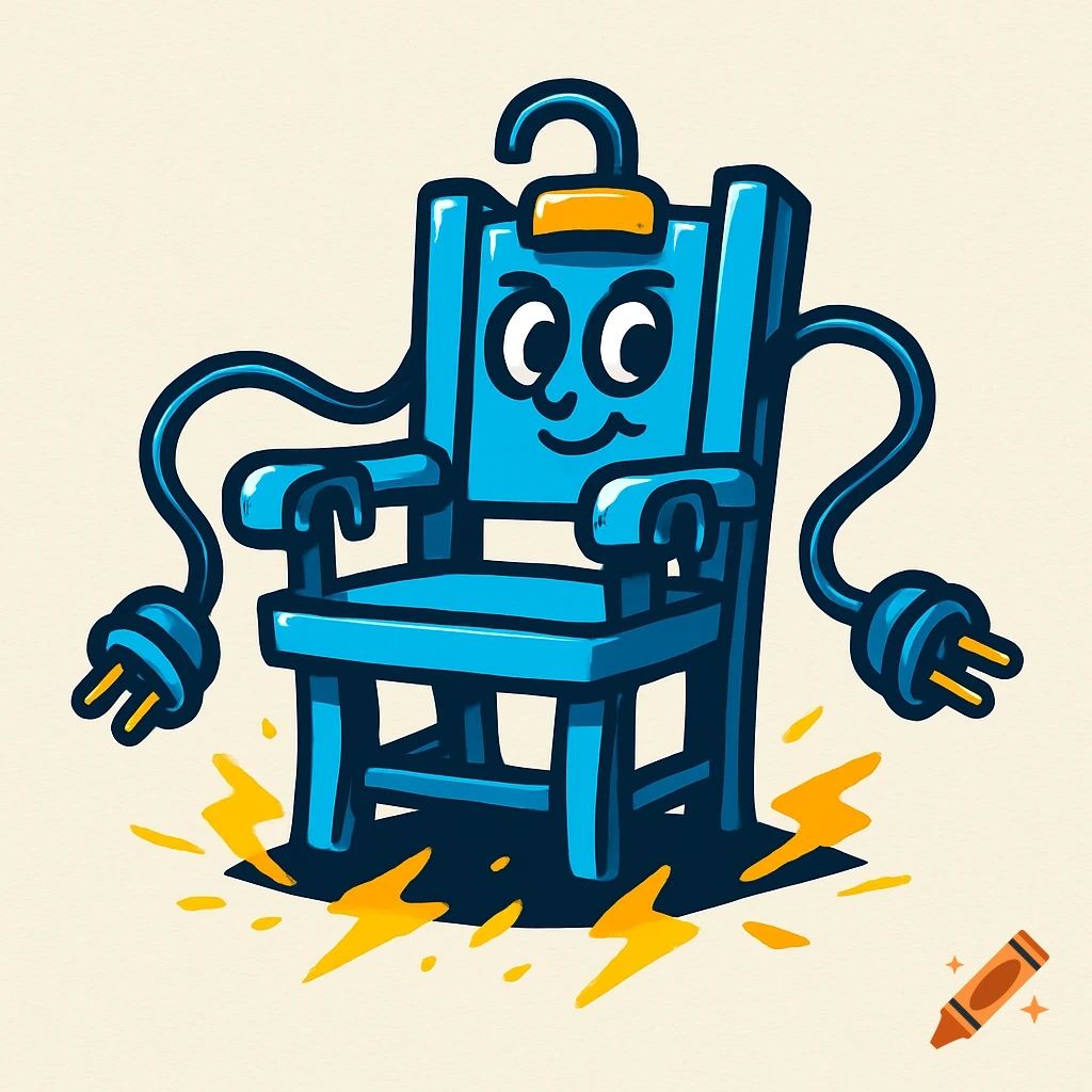 A blue cartoon electric chair with a smiling face, electrical cord arms ...