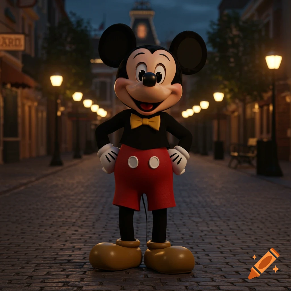 CGI Mickey Mouse in his classic 1930s style stands on a cobblestone ...
