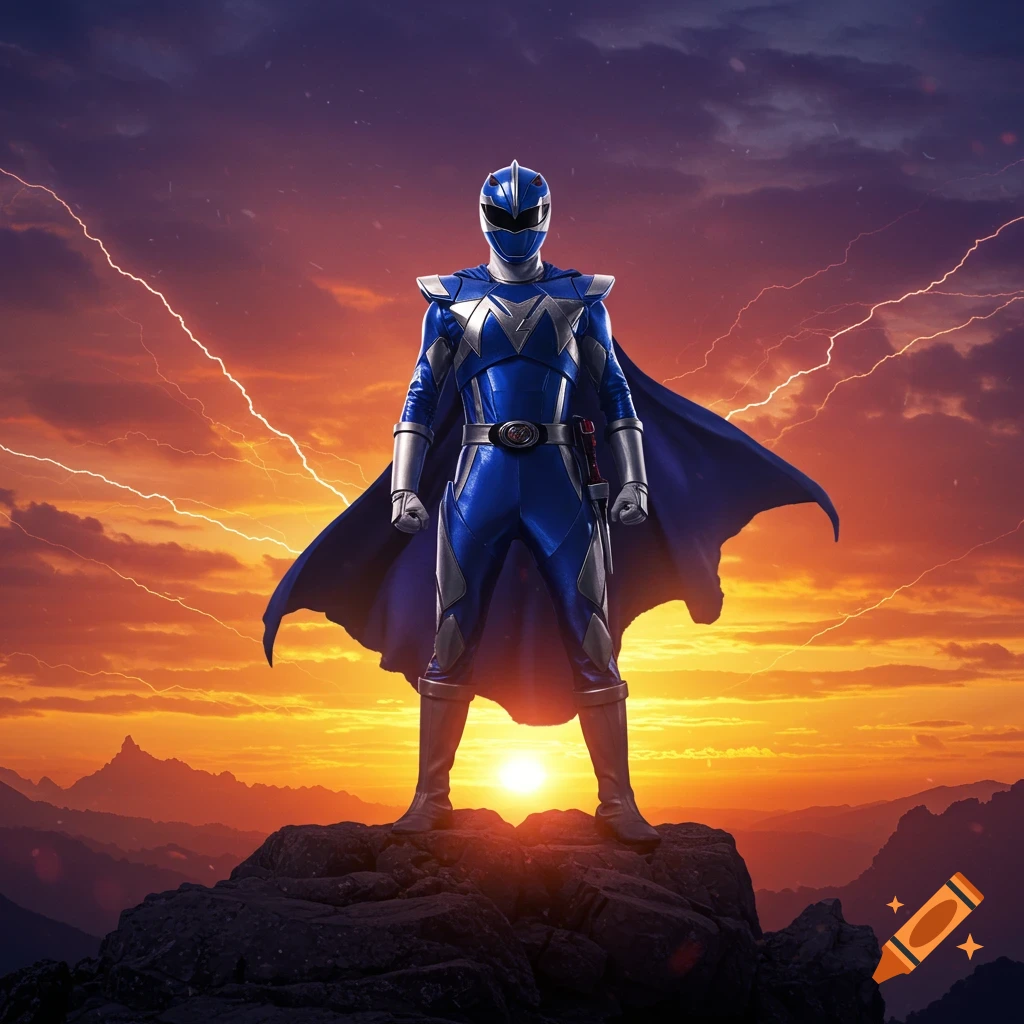 A pink Power Ranger-like superhero stands on a city rooftop at sunset ...