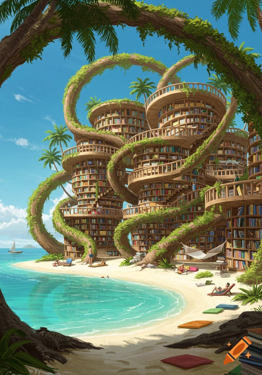 A vibrant fantasy illustration of a tropical beach library with multi ...