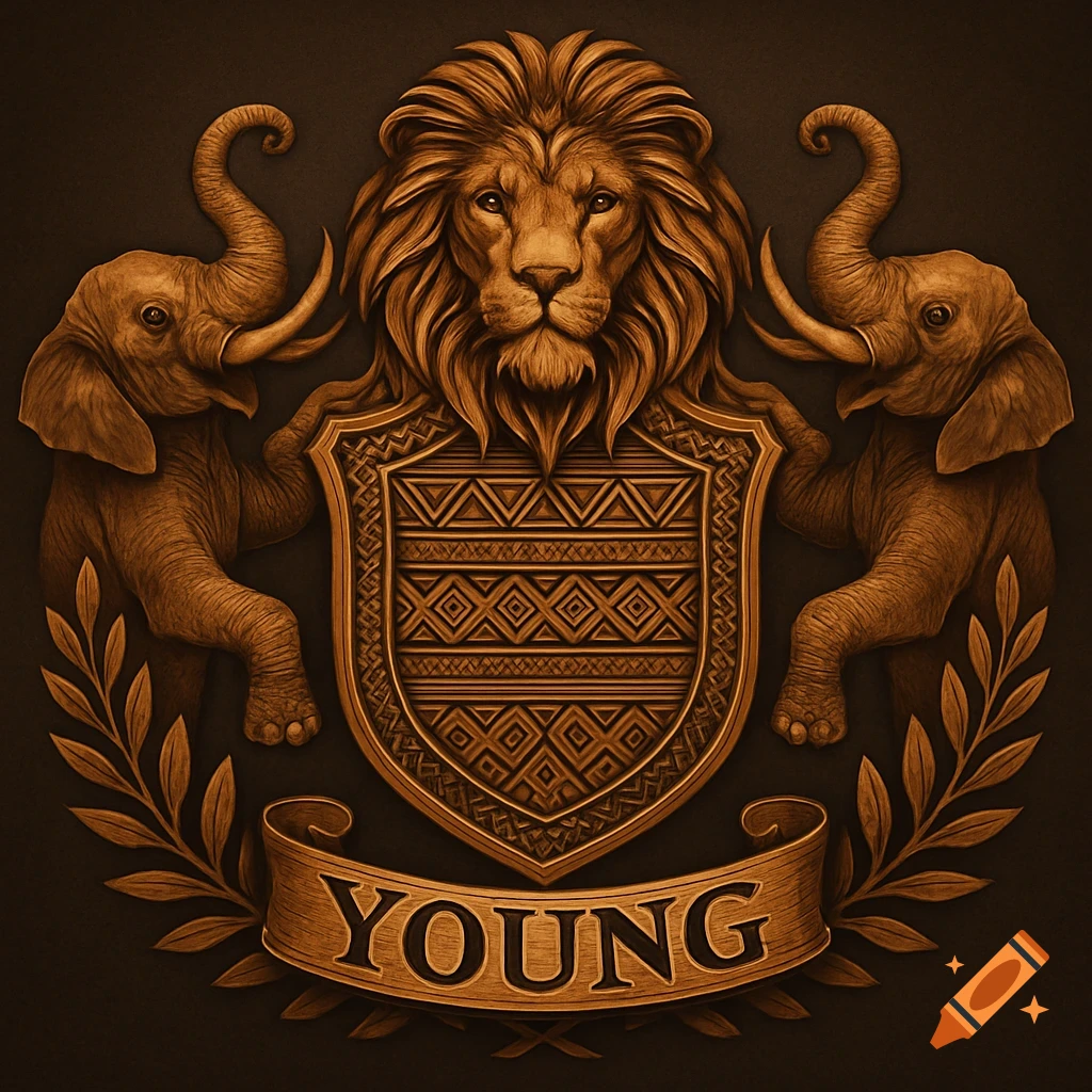 A detailed heraldic style logo featuring a silver rampant lion within a ...