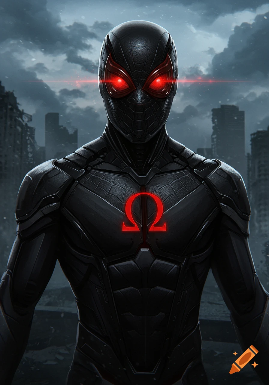 A masked superhero in a matte black armored suit with a hood, glowing ...