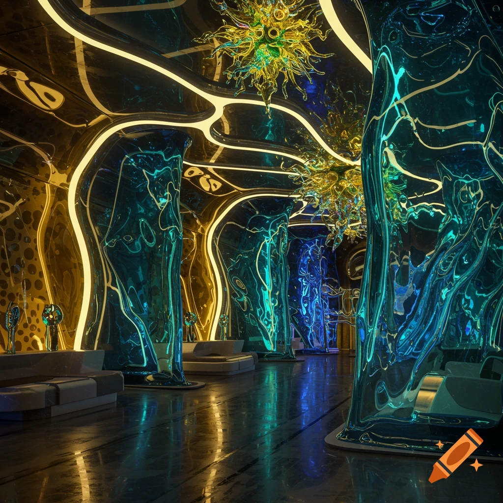 A futuristic, ornate room with glowing teal and yellow organic-shaped ...