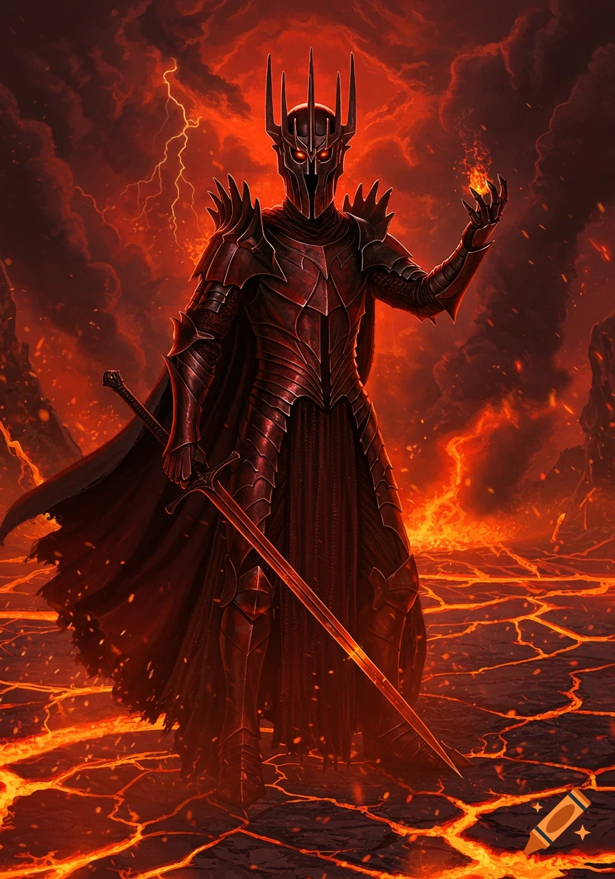 A menacing dark lord in black armor with a spiked helmet stands in a ...