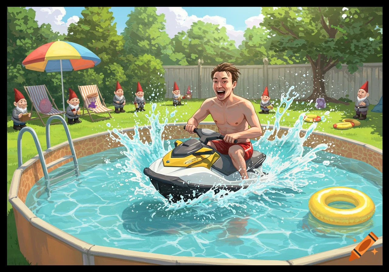 Illustrated man riding a jet ski in a backyard swimming pool surrounded ...