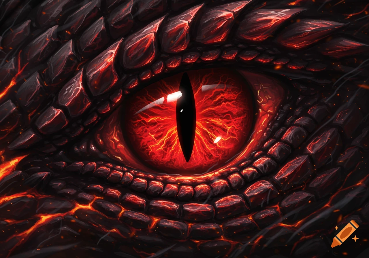 Close-up of a vibrant, fiery orange dragon eye with a vertical pupil ...