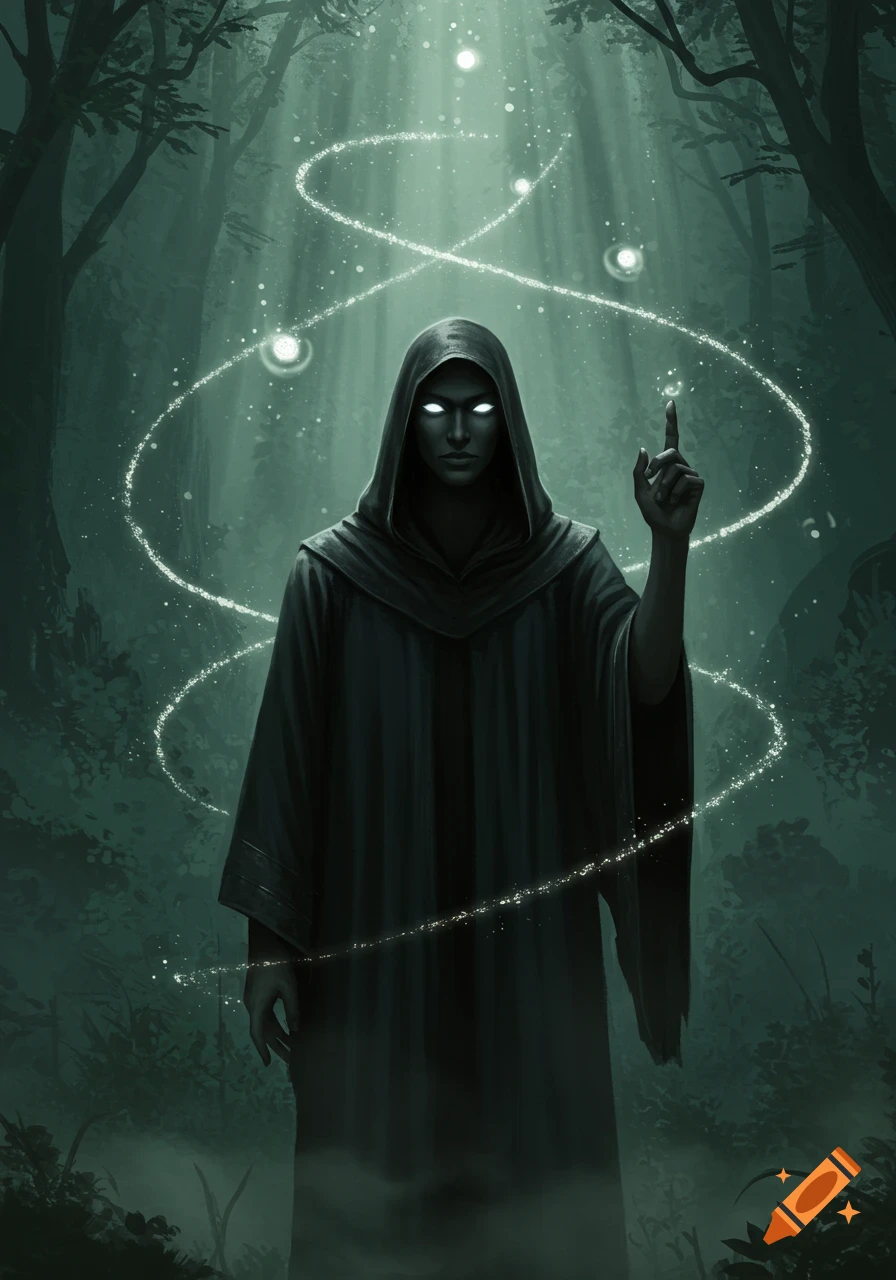 A hand-drawn illustration of a bald male friar in brown robes with moss stains, carrying a staff ...