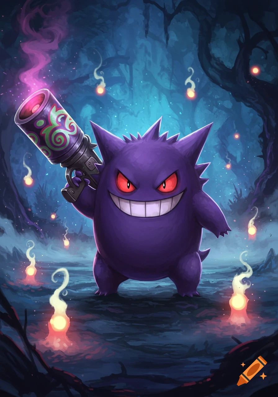 A purple, grinning Haunter Pokémon floats in a misty forest at night ...