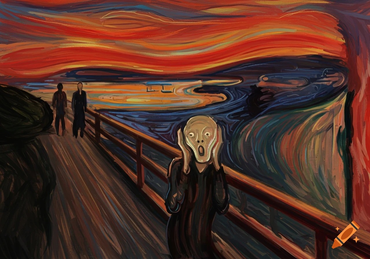 Expressionist painting of a figure screaming on a bridge with two other ...