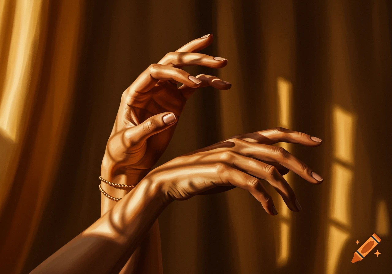 Digitally painted hands are illuminated by strong sunlight creating ...